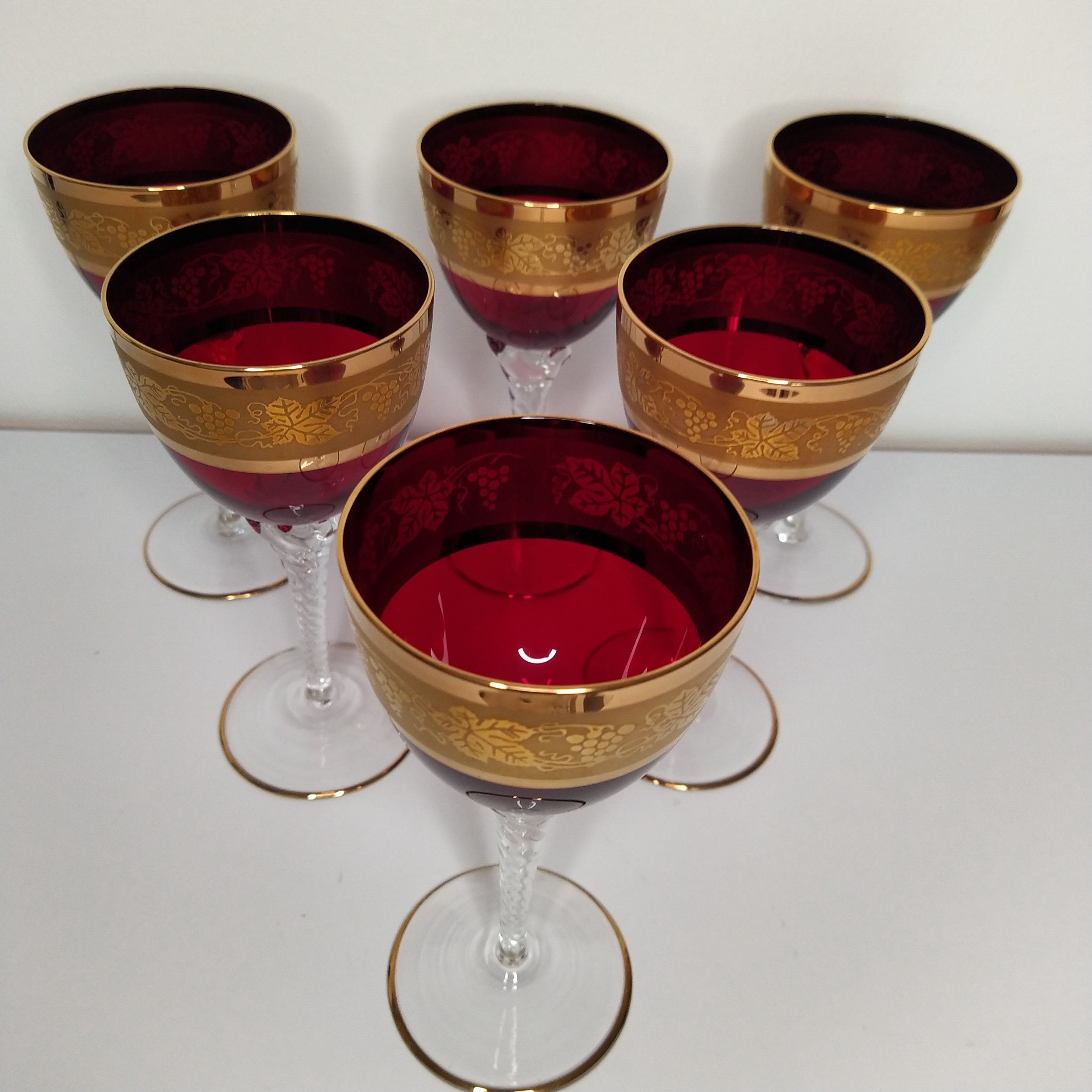 Vintage Rare Ruby Red Wine Glasses With 24K Gold Decorated Set of 6 ...