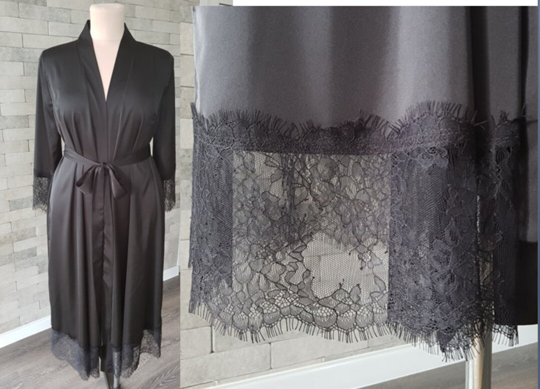 Satin Silk Robe Black Robe Lace Robe Black Lingerie Black - Etsy