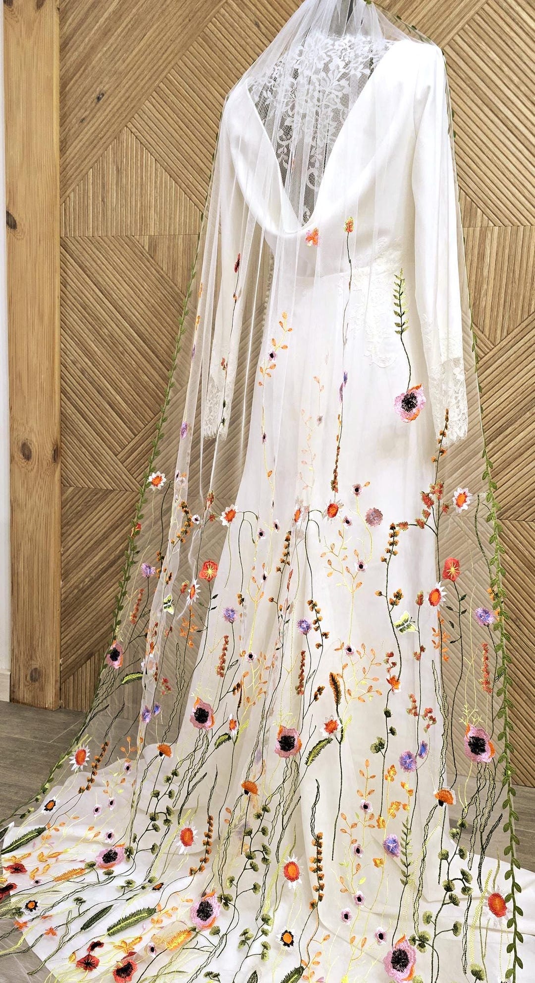 Colorful Embroidered Floral Bridal Veil, Flowers Veil, Secret Garden ...