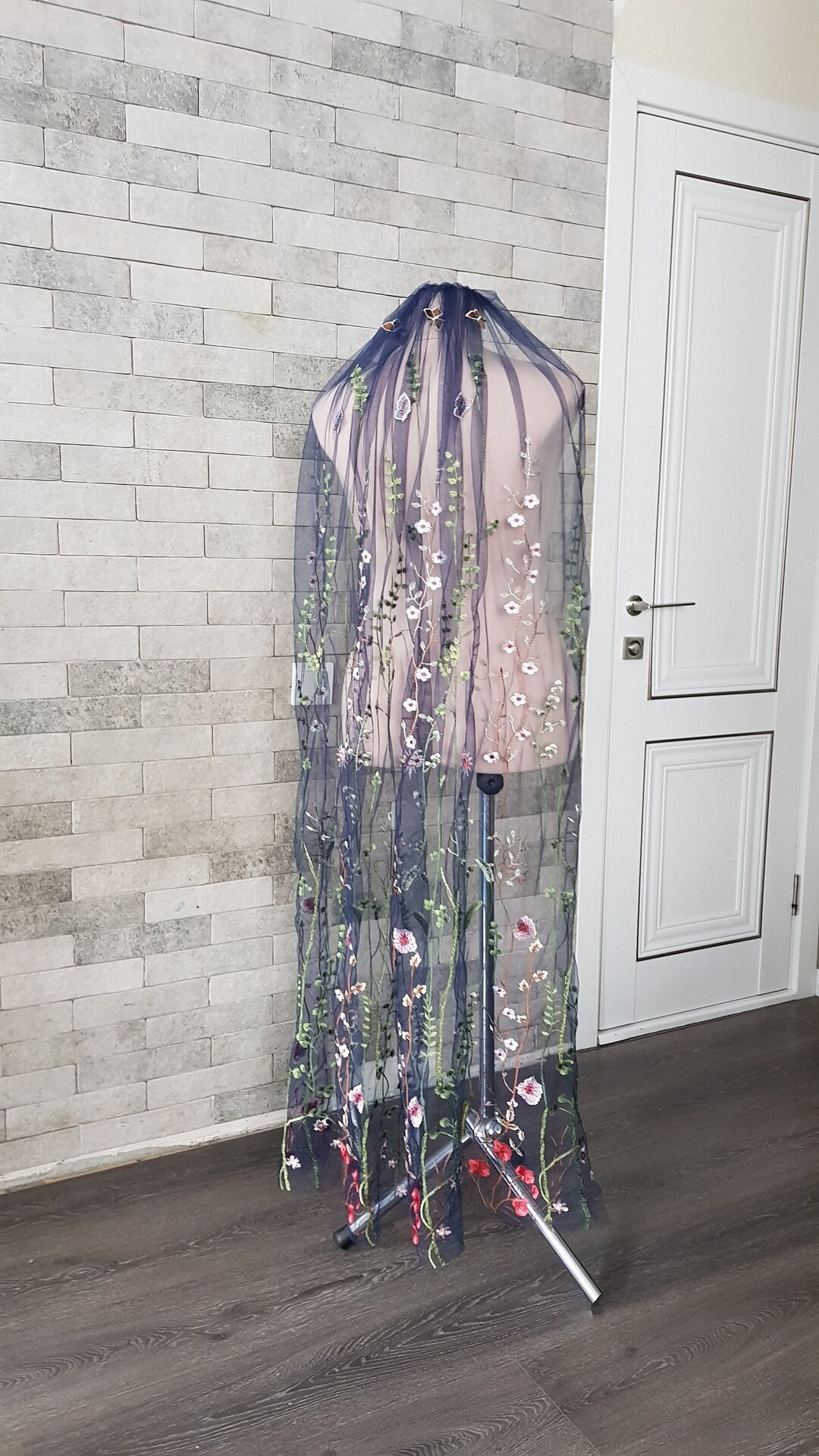 Navy Blue Flower Wedding Veil, Floral Bridal Veil, Secret Garden Veil ...