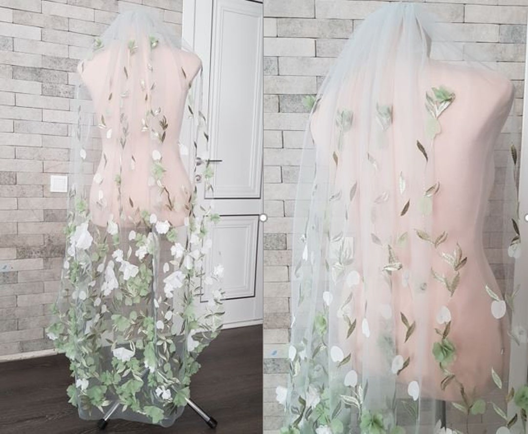 Green and White Floral Wedding Veil, Leaf Wedding Veil, Flower Wedding ...
