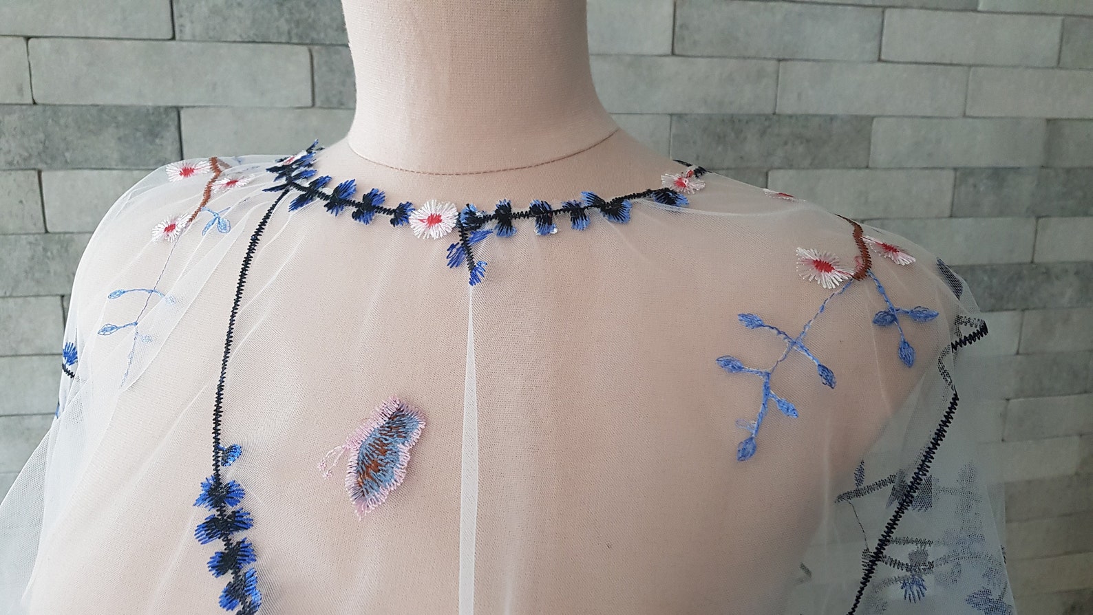 Blue Floral Embroidered Wedding Cape: Botanical Flowers Secret Garden ...