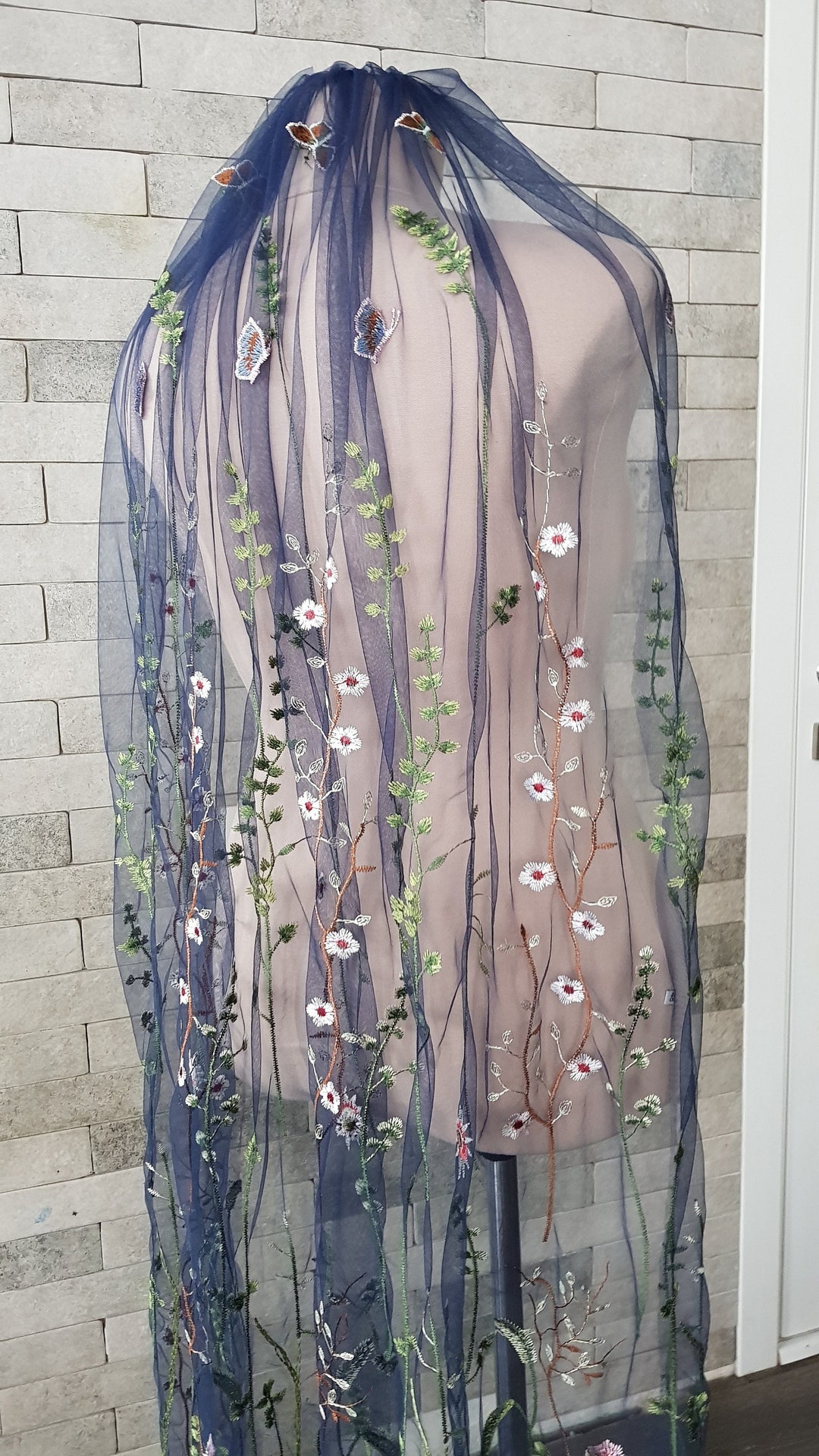 Navy Blue Flower Wedding Veil, Floral Bridal Veil, Secret Garden Veil ...