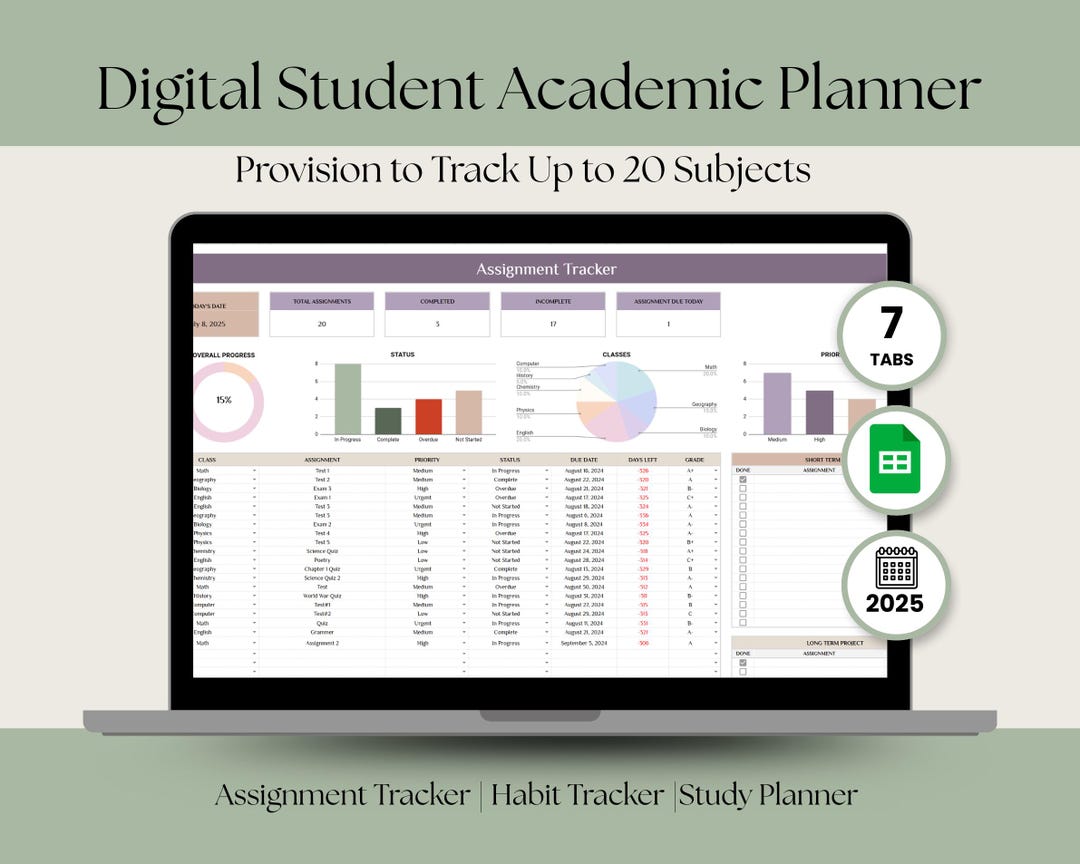 Digital Student Academic Planner | Track Assignments, GPA, Study ...