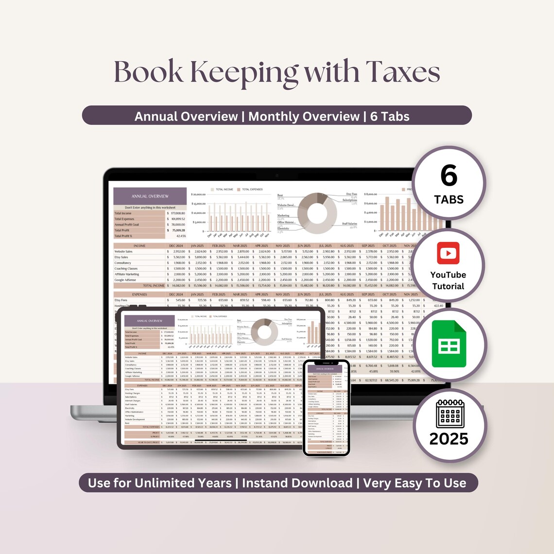Simple Bookkeeping Spreadsheet With Taxes, Bookkeepping Template, Busy ...