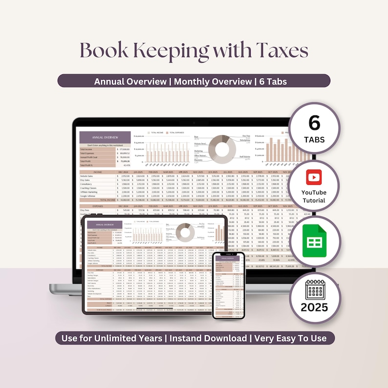 Simple Bookkeeping Spreadsheet With Taxes, Bookkeepping Template, Busy ...