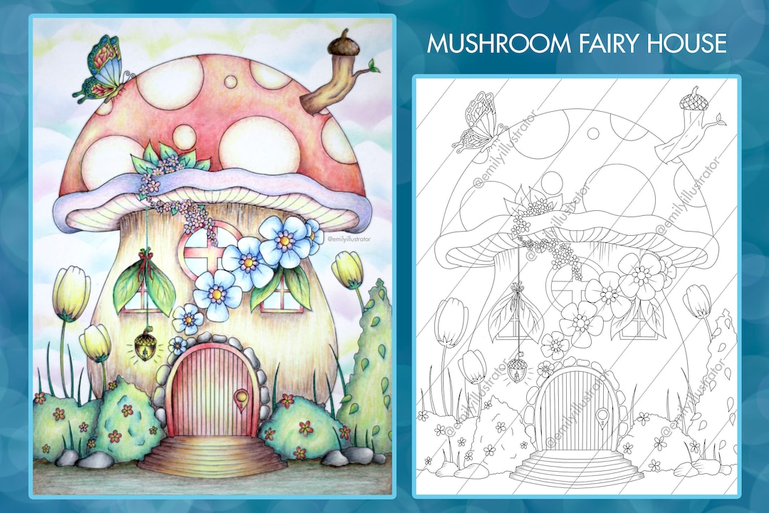 Mushroom Fairy House Digital Coloring Page - Etsy