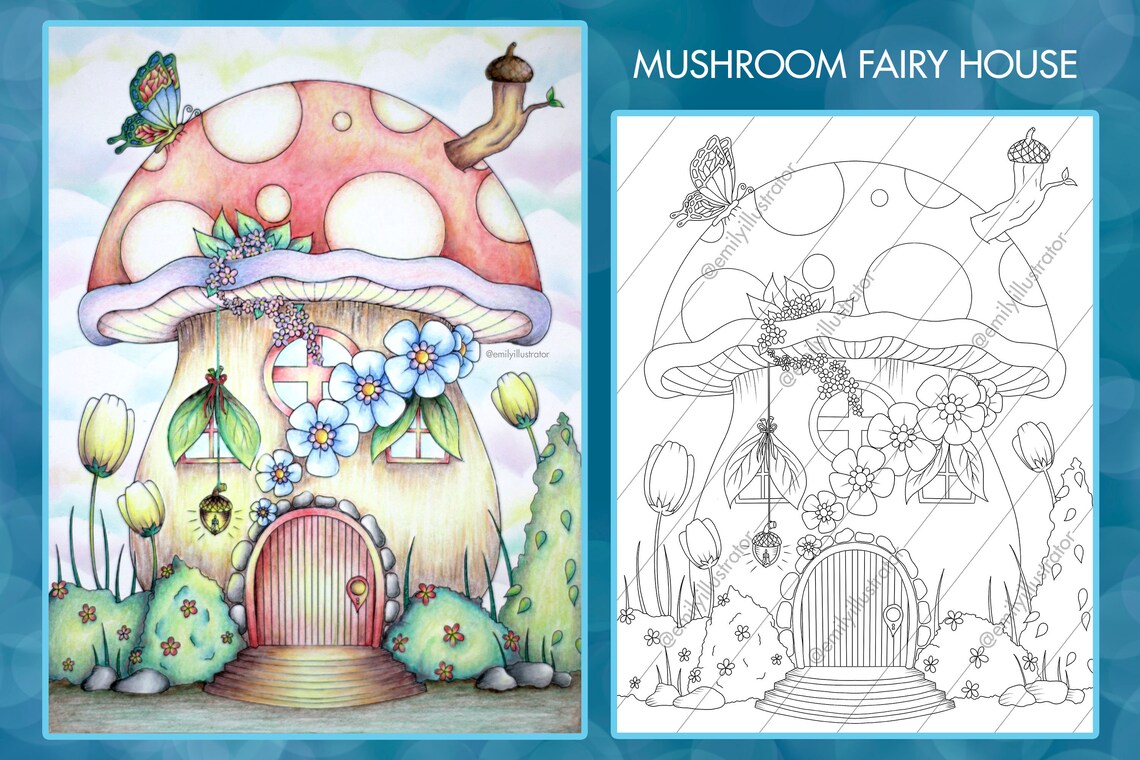 Mushroom Fairy House Digital Coloring Page - Etsy