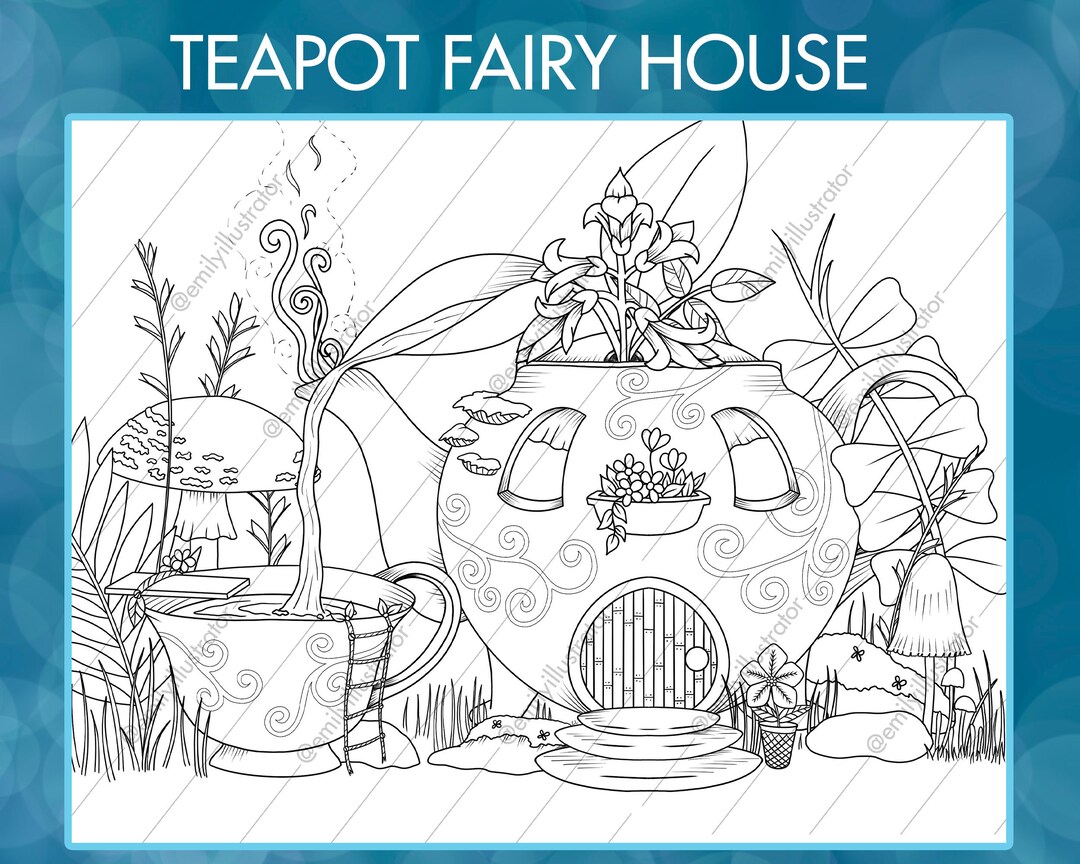 Teapot Fairy House Digital Coloring Page - Etsy