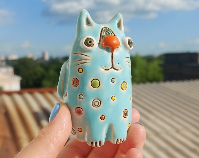 Ceramic Cat Sculpture Handmade Cat Figurine Blue Cat Ceramic Kitten ...