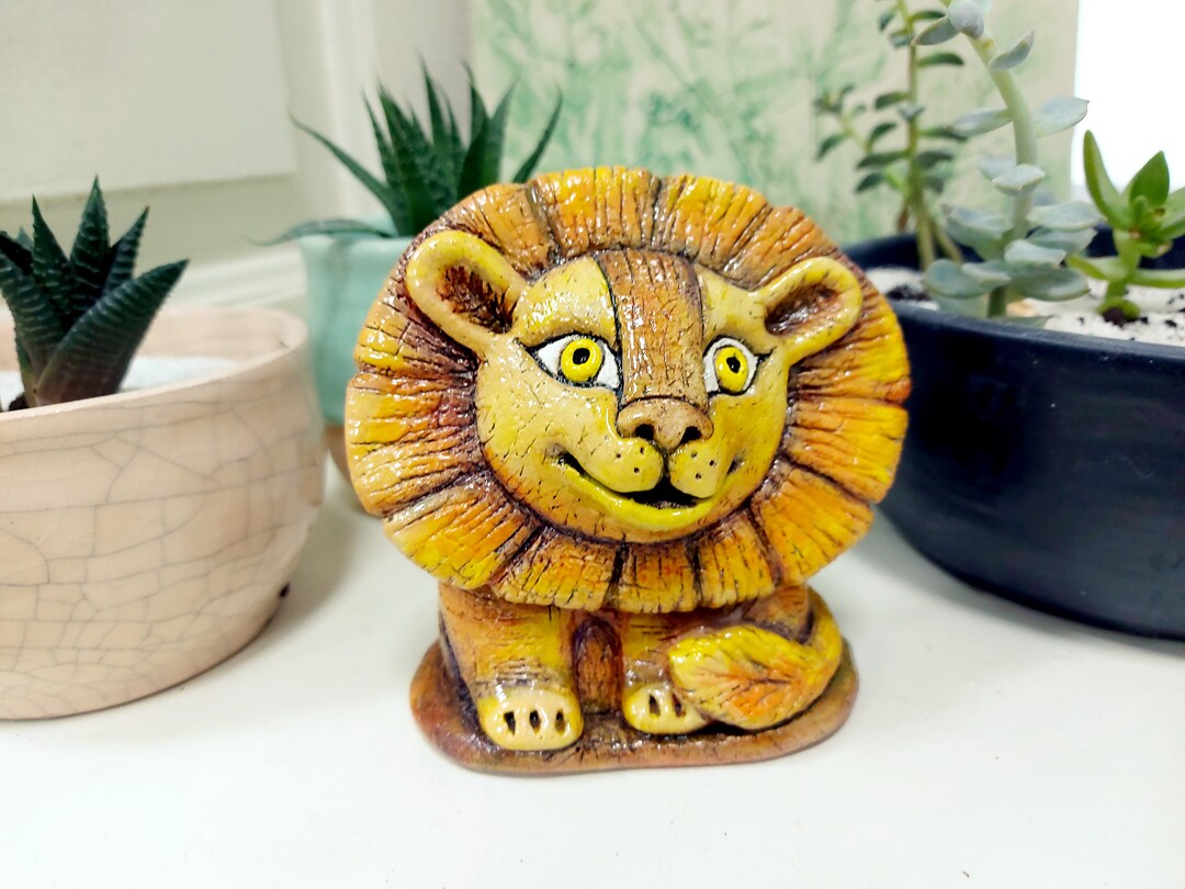 Ceramic Lion Figurine Handmade Lion Sculpture Pottery Lion Orange Lion ...