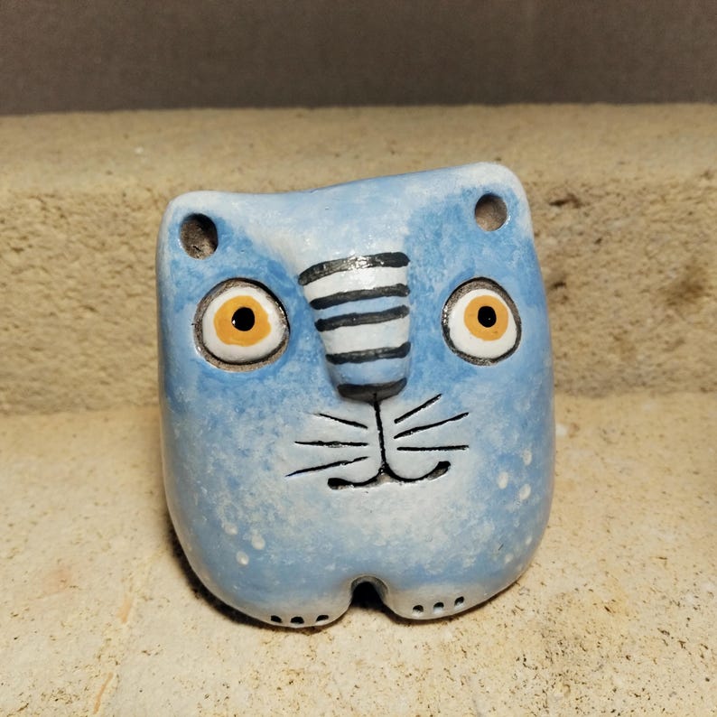 OOAK Ceramic Cat Figurine, Tiny Blue Pottery Sculpture, Whimsical ...