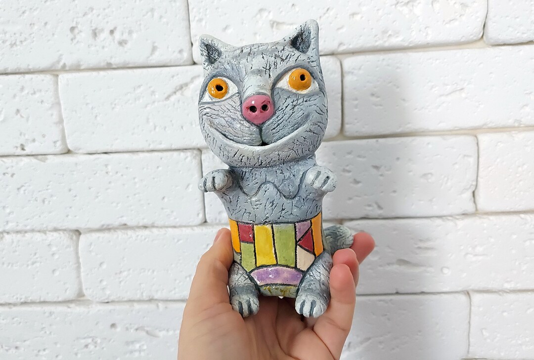 Ceramic Cat Figurine Handmade Cat Sculpture Gray Cat Ceramic - Etsy