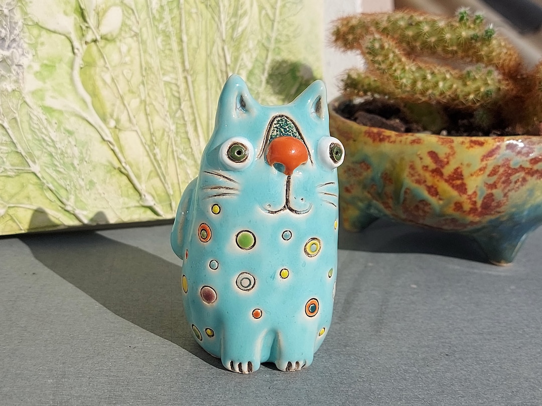 Ceramic Cat Sculpture Handmade Cat Figurine Blue Cat Ceramic - Etsy