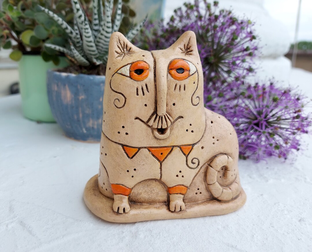 Ceramic Cat Sculpture Handmade Cat Figurine Orange Cat Clay - Etsy