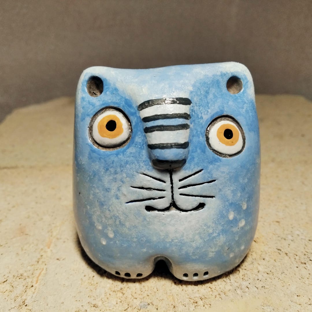 OOAK Ceramic Cat Figurine, Tiny Blue Pottery Sculpture, Whimsical ...