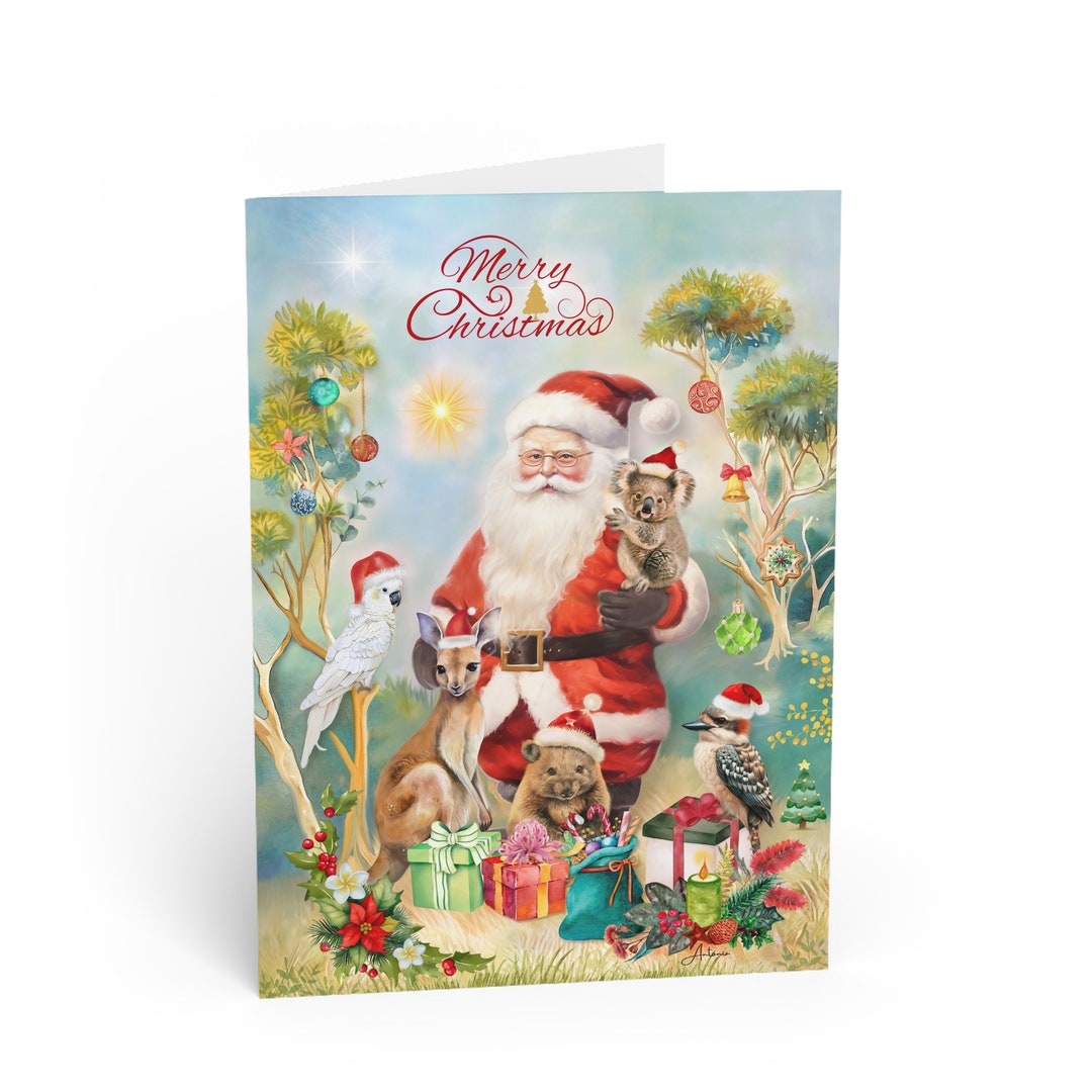 Santa Claus With Aussie Animals Christmas Card, Australian Christmas ...