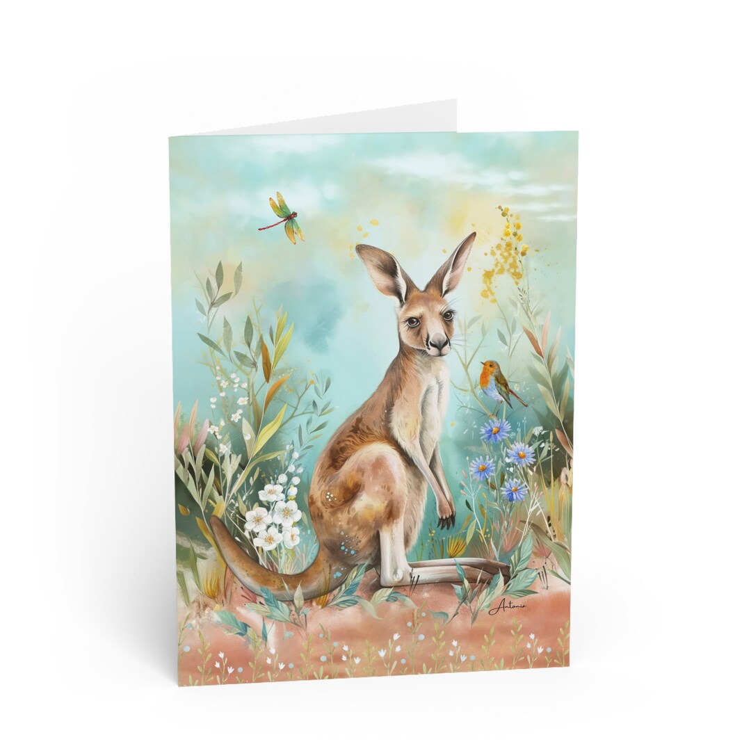 Little Kangaroo Watercolor Art Card, Floral Australian Greeting Card ...