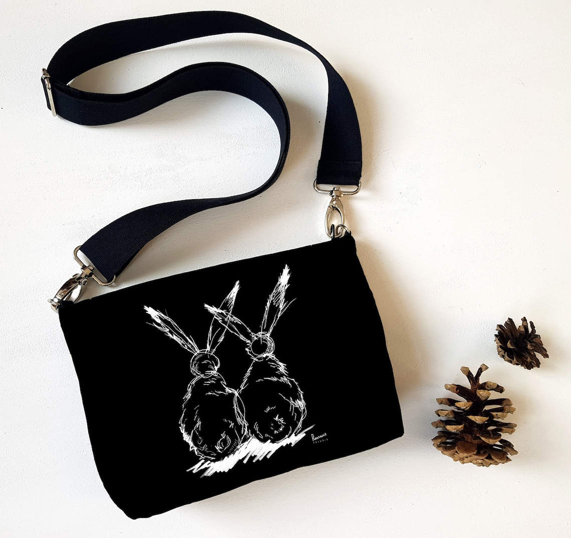 Black handbag with two rabbits purse handbag cosmetic bag | Etsy