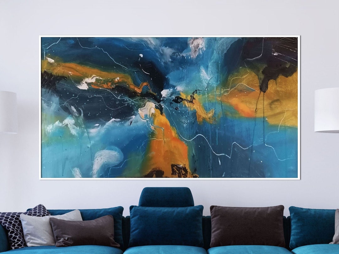 Blue & Orange Abstract Painting Canvas Wall Art Made to - Etsy