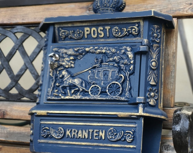 Antique Stunning Royal Mailbox Wall Mount,cast Aluminum,color Navy Blue ...