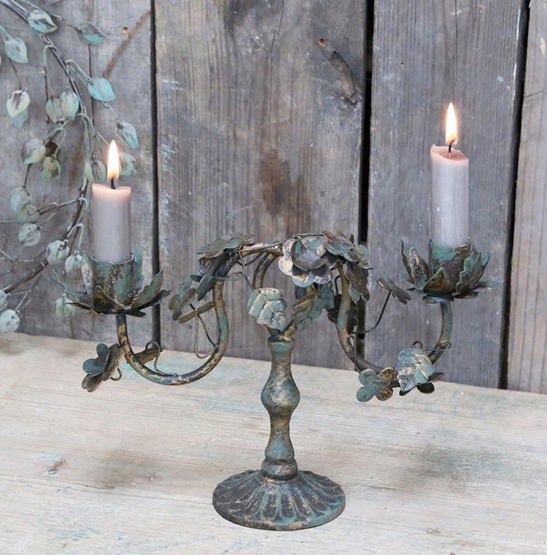 Vintage Metal Candlestick With Two Arms,metalartgallery,leaves ...