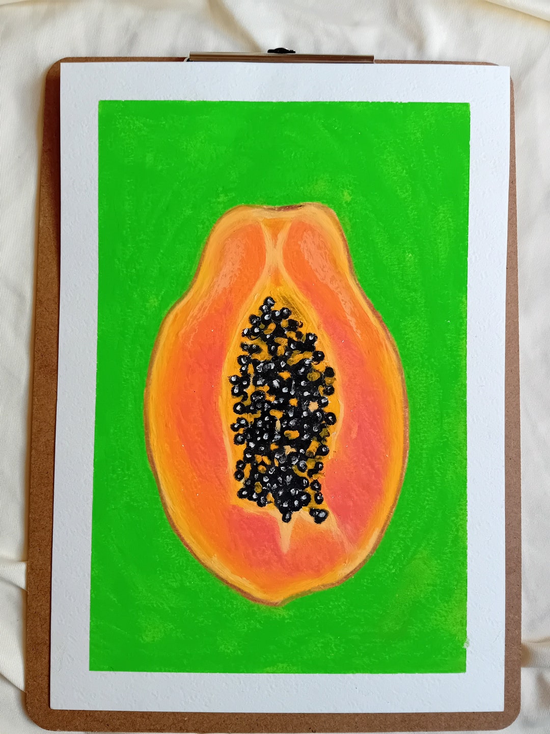 Original Papaya Painting, Oil Pastel Painting, Fruit Wall Art, Papaya ...