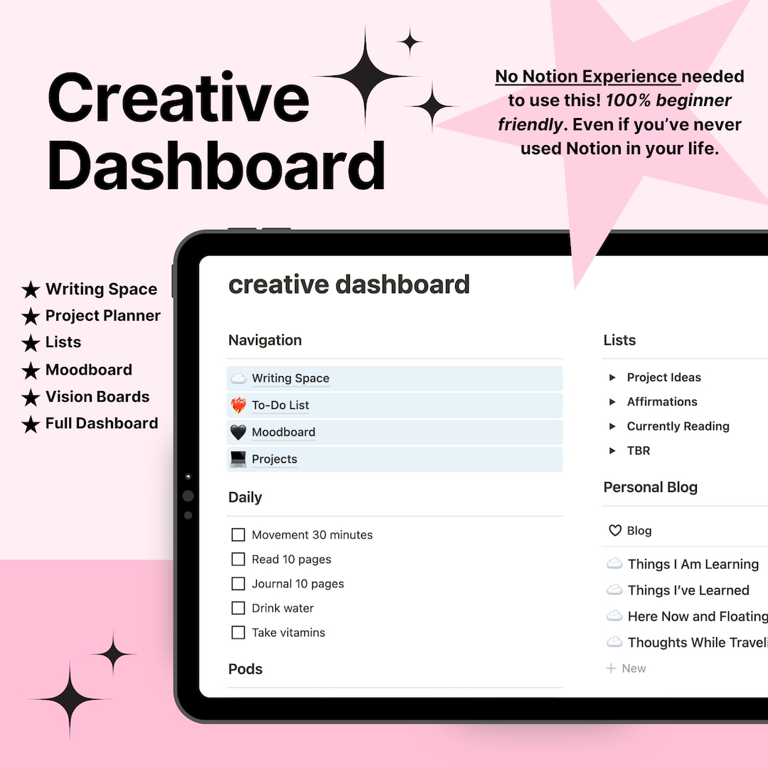 Creative Notion Dashboard for Creatives, Writing Space, Moodboard ...