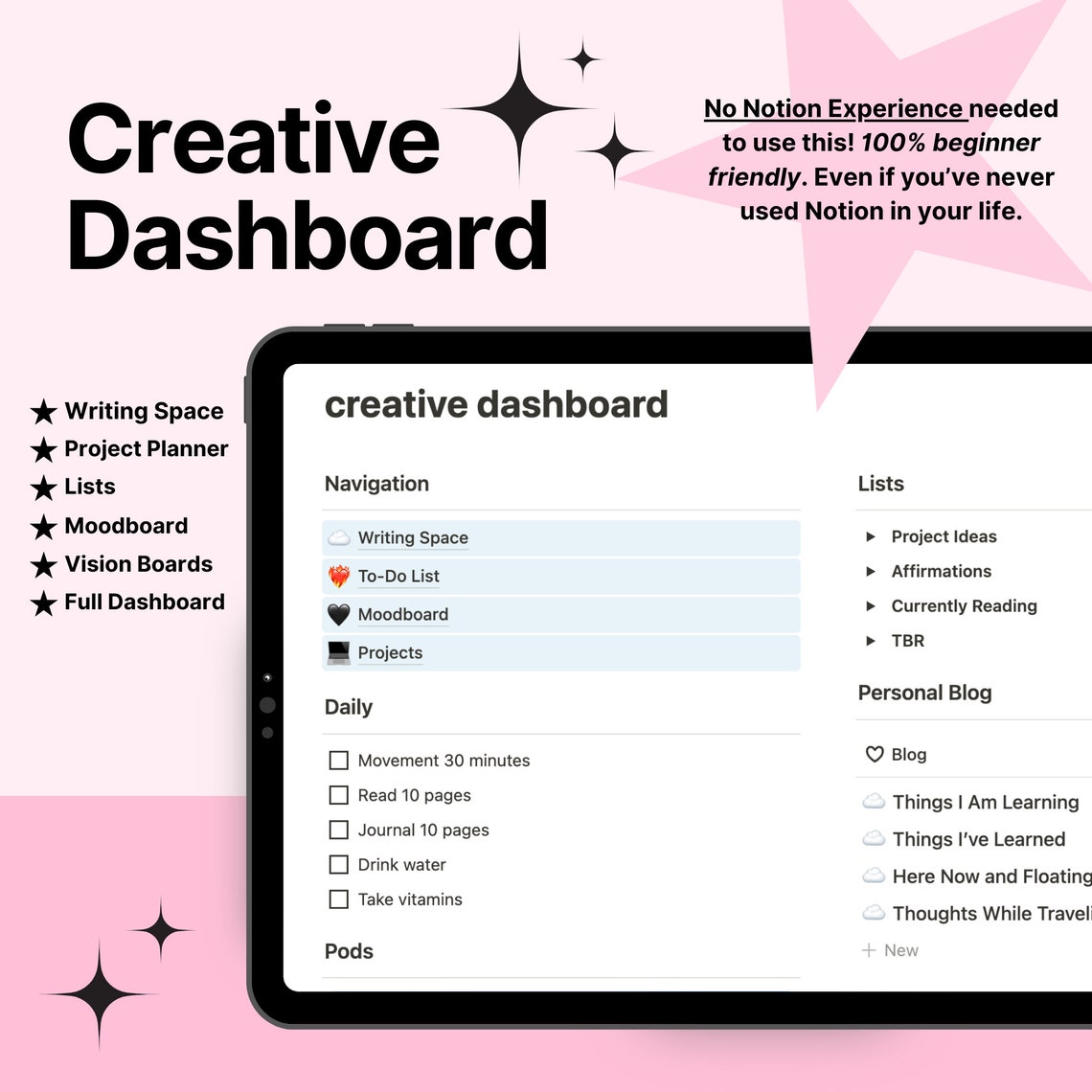 Creative Notion Dashboard for Creatives, Writing Space, Moodboard ...