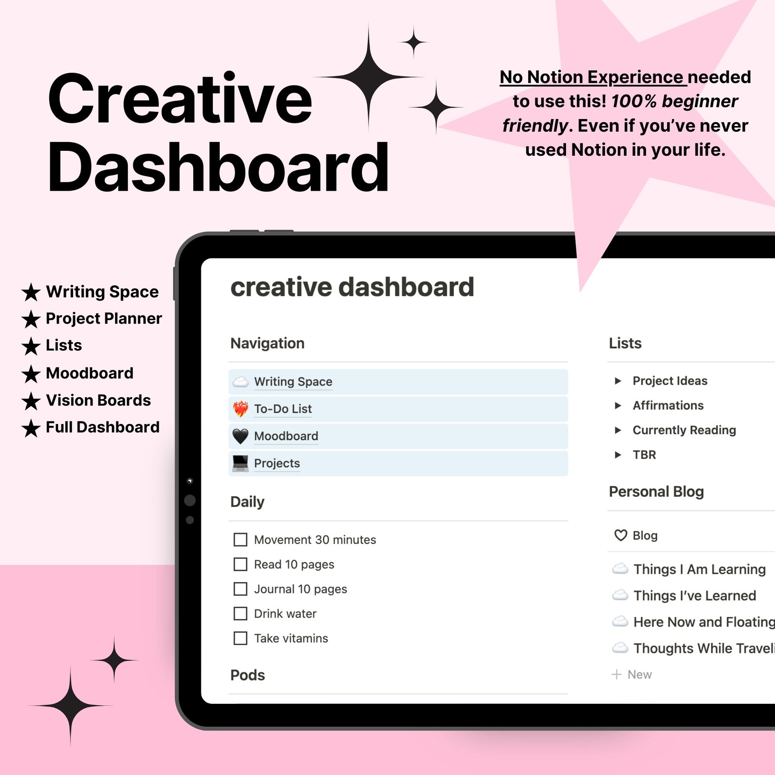 Creative Notion Dashboard for Creatives, Writing Space, Moodboard ...
