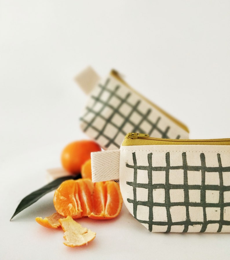 Minimal Grid Print Zipper Pouch, Blockprinted Canvas Purse, Minimalist ...