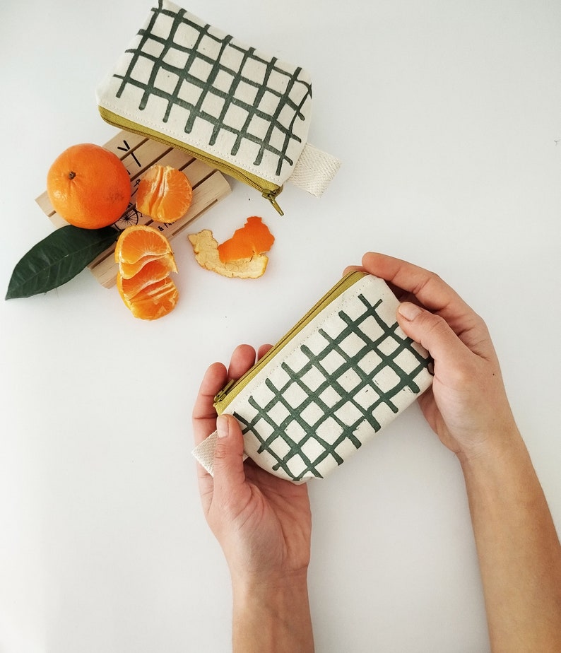Minimal Grid Print Zipper Pouch, Blockprinted Canvas Purse, Minimalist ...