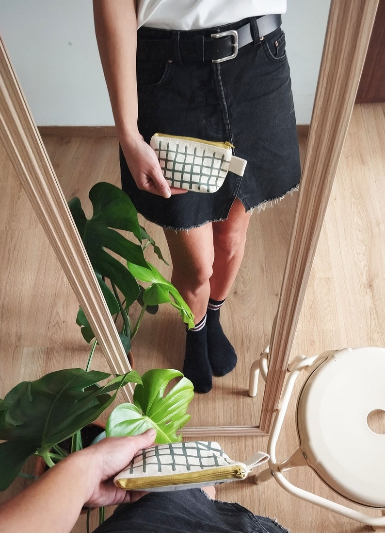 Minimal Grid Print Zipper Pouch, Blockprinted Canvas Purse, Minimalist ...