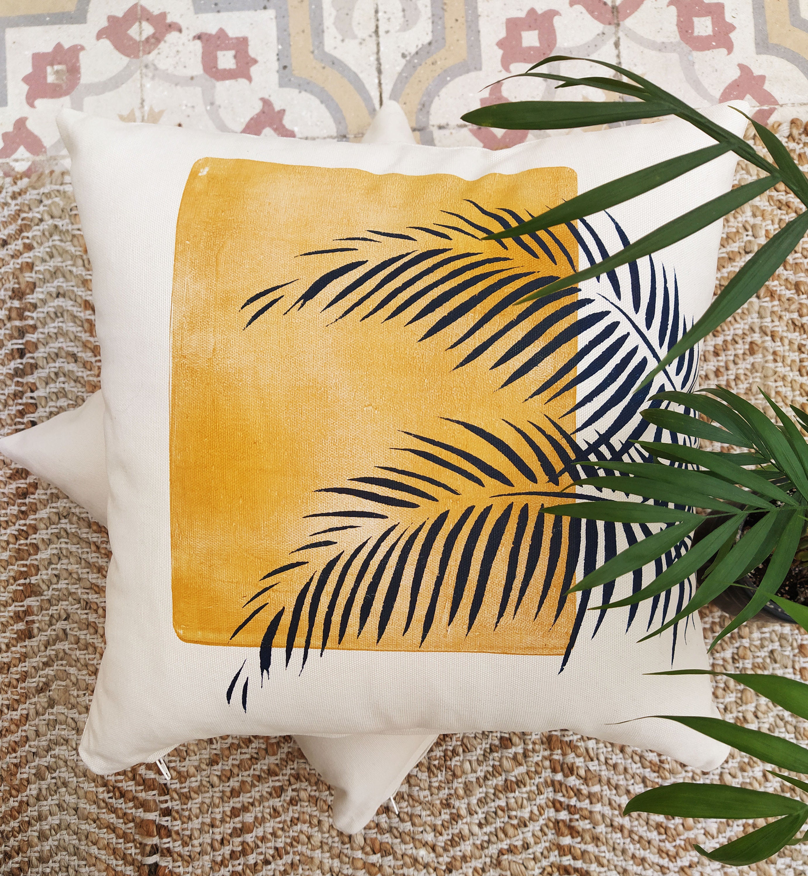 Palm Leaf Decorative Pillow, Handprinted Cushion Cover, Contemporary ...