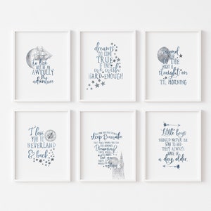 Peter Pan Quotes, Nursery Print Set of 6, Blue-gray Watercolor ...