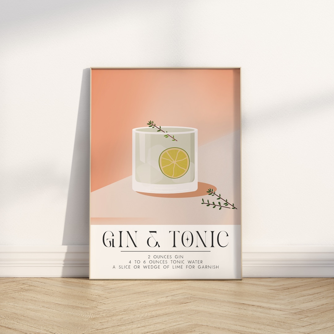 Gin and Tonic Print, Retro Cocktail Poster, Printable Wall Art, Kitchen ...