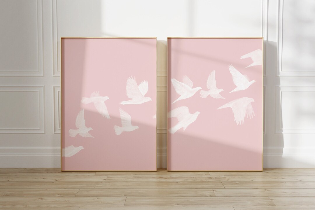 Bird Flock Set of Two, Modern Printable Wall Art, Light Pink Decor ...