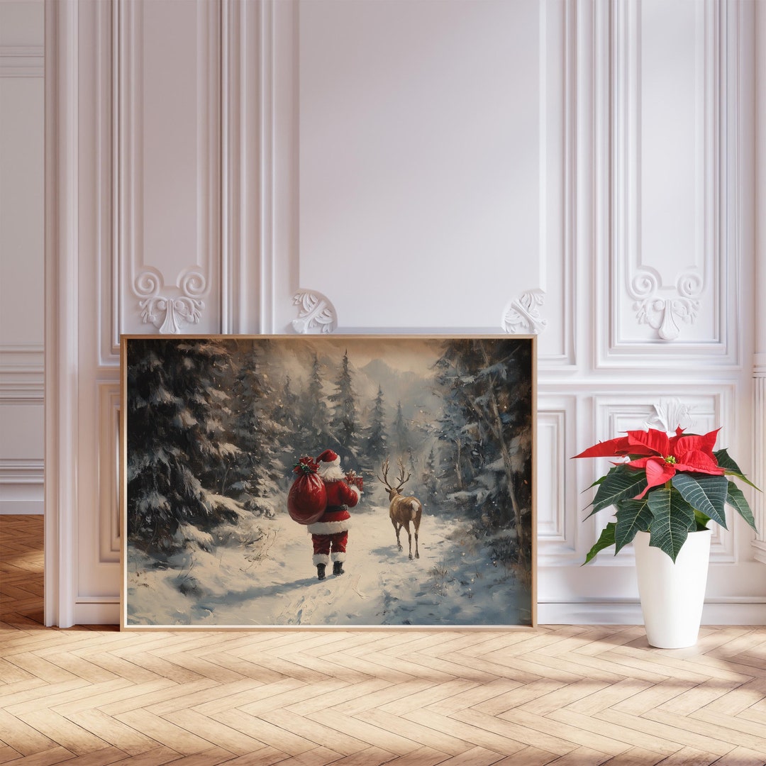 Vintage Santa and Reindeer Winter Scene Printable (digital Download) - Etsy