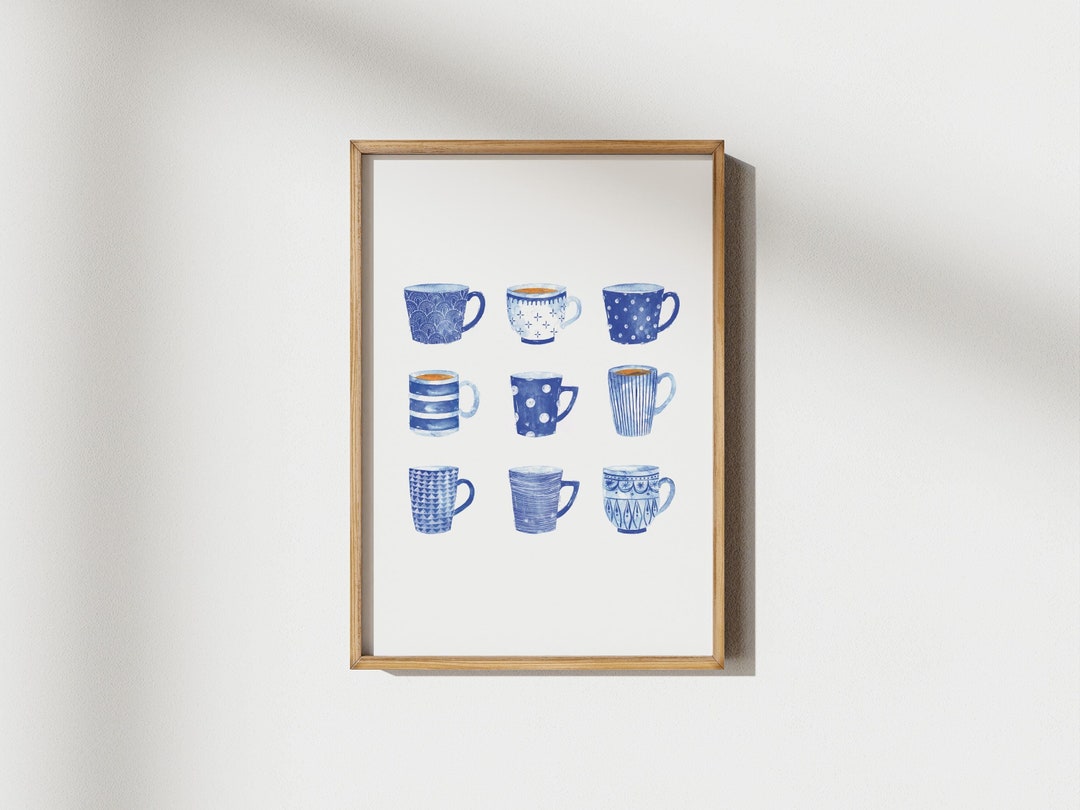 Blue Tea Coffee Cups Print, Kitchen Printable Wall Art, Coffee Mug Wall ...