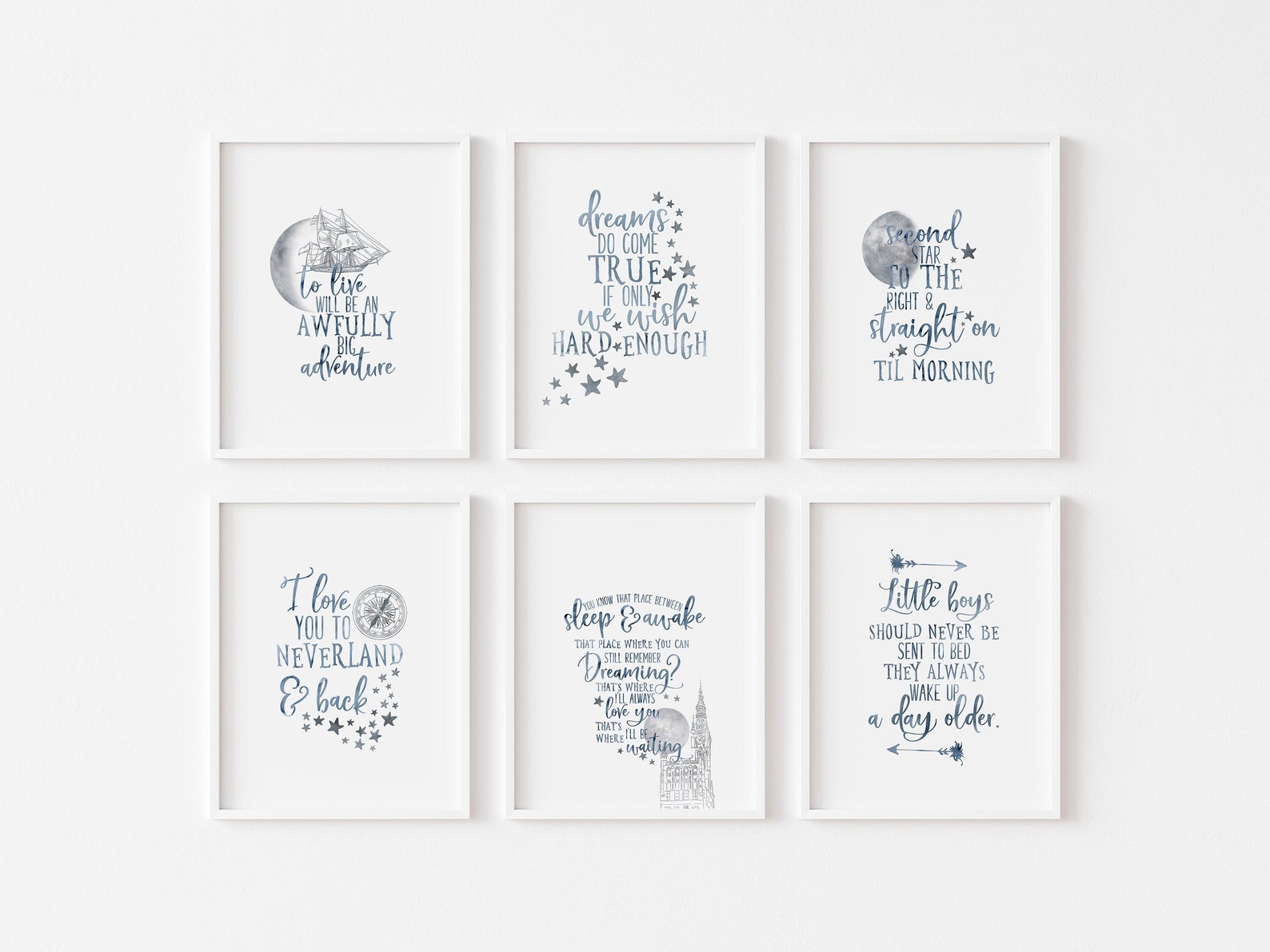 Peter Pan Quotes Nursery Print Set of 6 Blue-gray Watercolor - Etsy