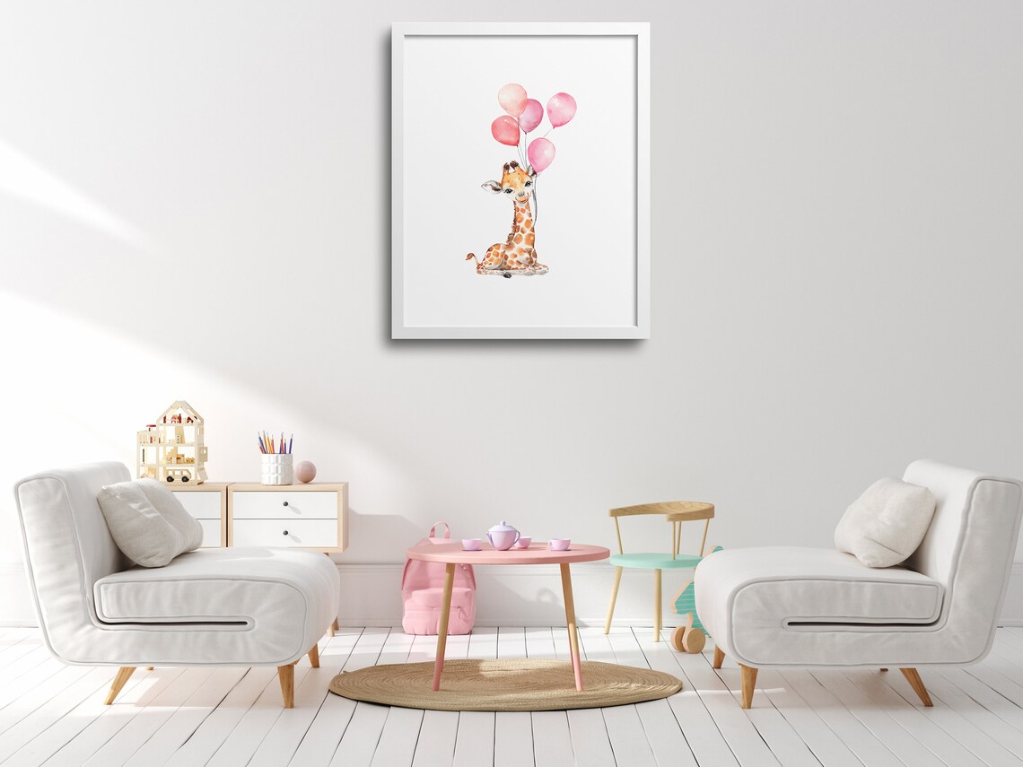 Baby Giraffe with Pink Balloons Giraffe Nursery Wall Art | Etsy