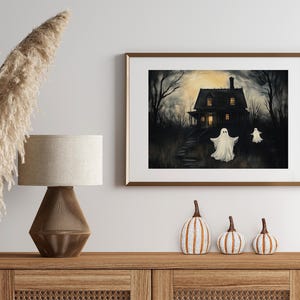 Cute Ghosts Haunted House Art Print, Spooky Halloween Printable Wall ...