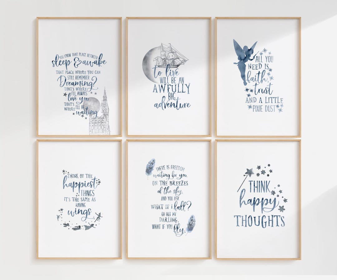 Peter Pan Quotes, Nursery Print Set of 6, Blue-gray Watercolor ...