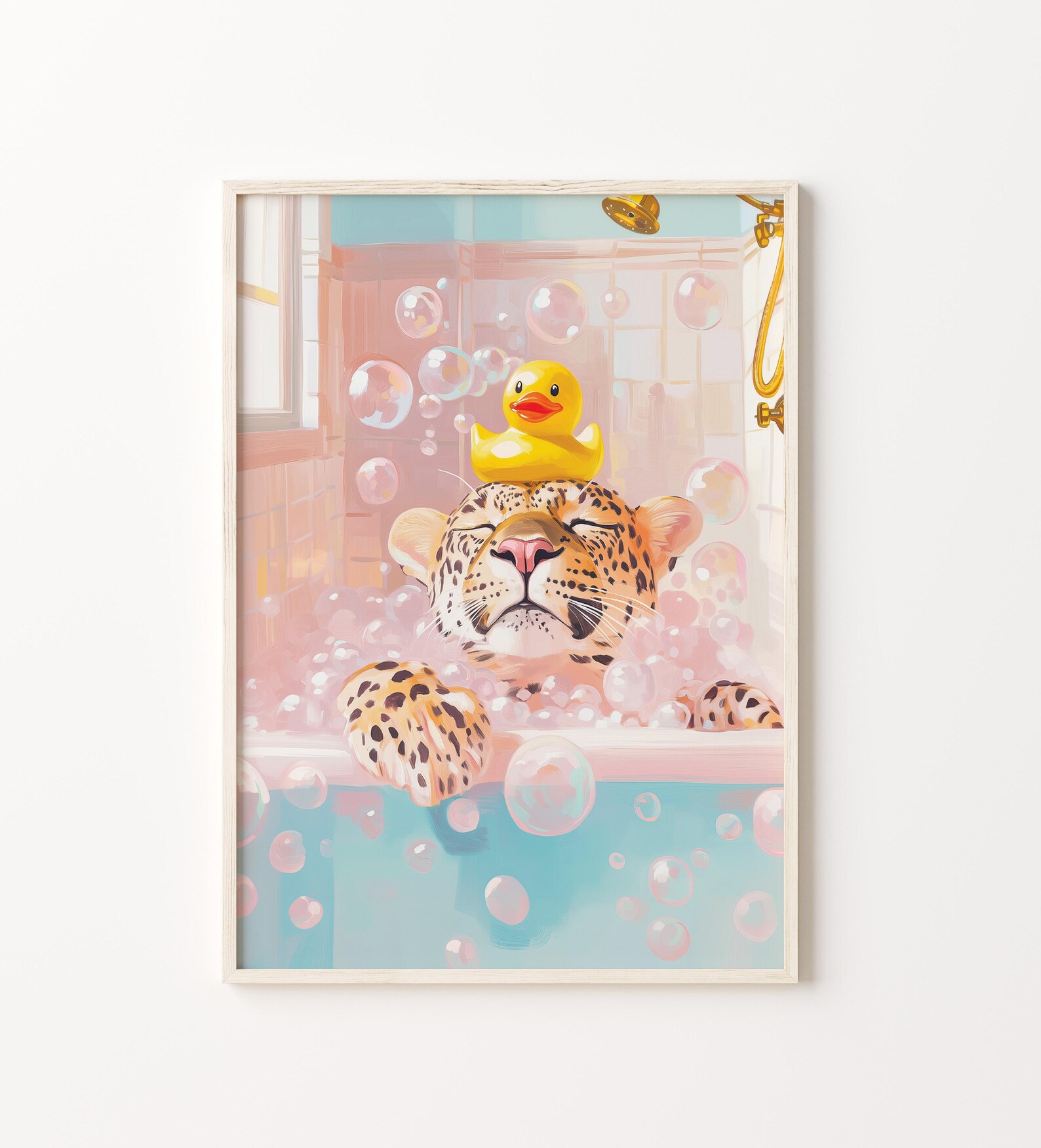 Leopard in Bathtub Art Print: Preppy Pink & Teal Bathroom Decor ...
