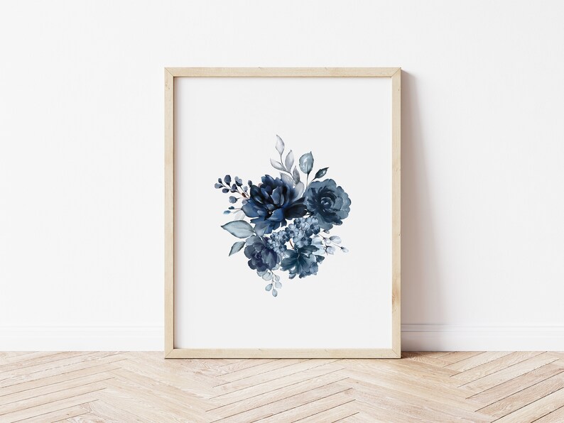 Navy Blue Flower Print Printable Wall Art Floral Bouquet - Etsy