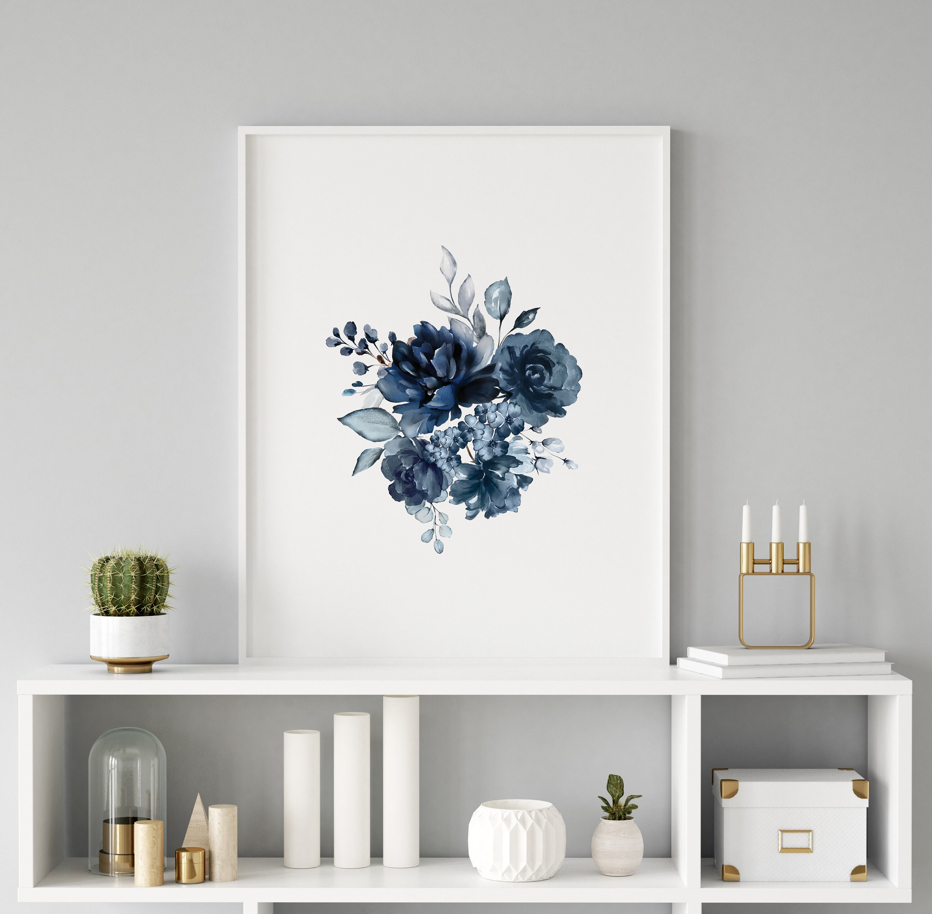 Navy Blue Flower Print Printable Wall Art Floral Bouquet - Etsy