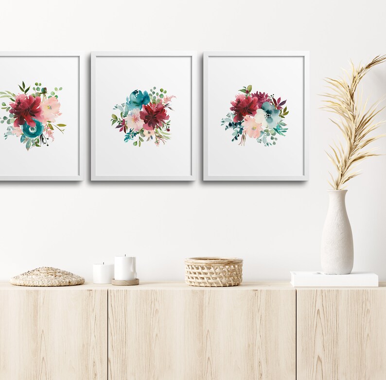 Rose Teal Blush Watercolor Flower Print Set of 3 Printable | Etsy