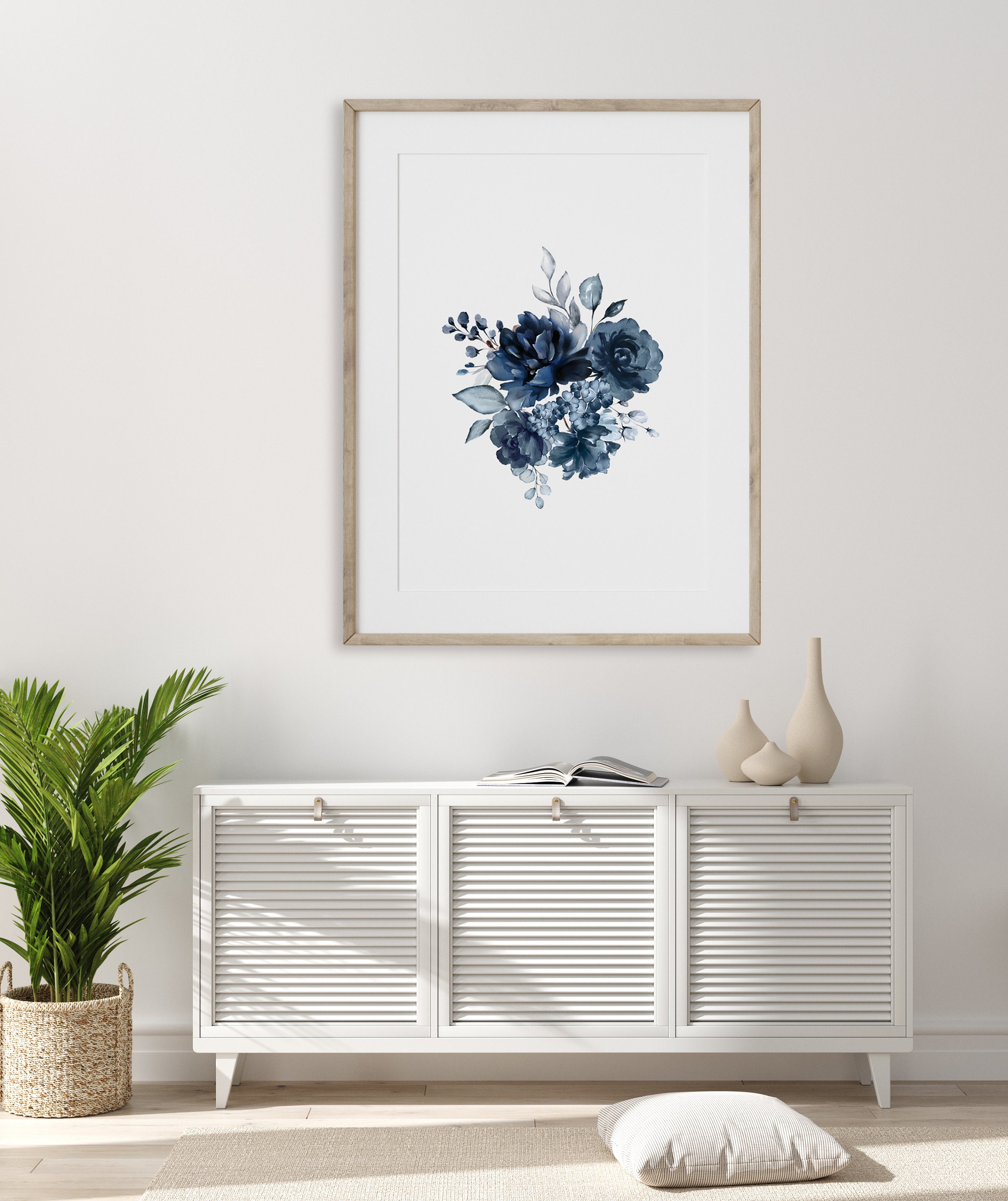 Navy Blue Flower Print Printable Wall Art Floral Bouquet - Etsy