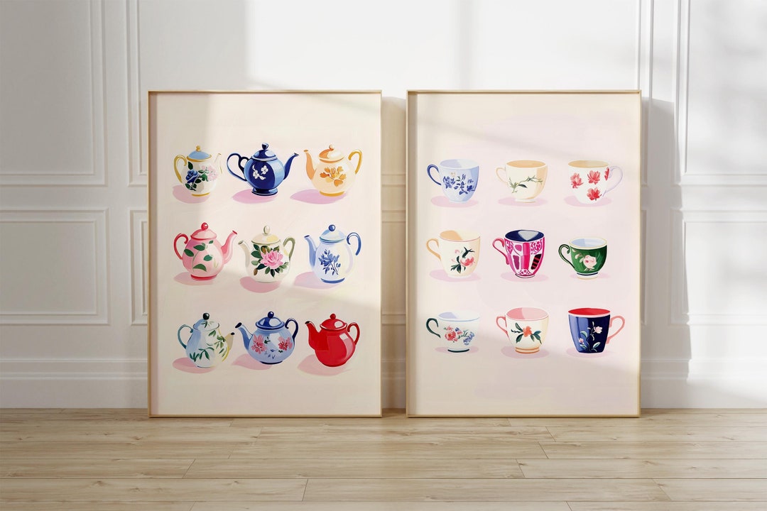 Tea Cups and Teapots Print Set of 2, Kitchen Printable Wall Art ...