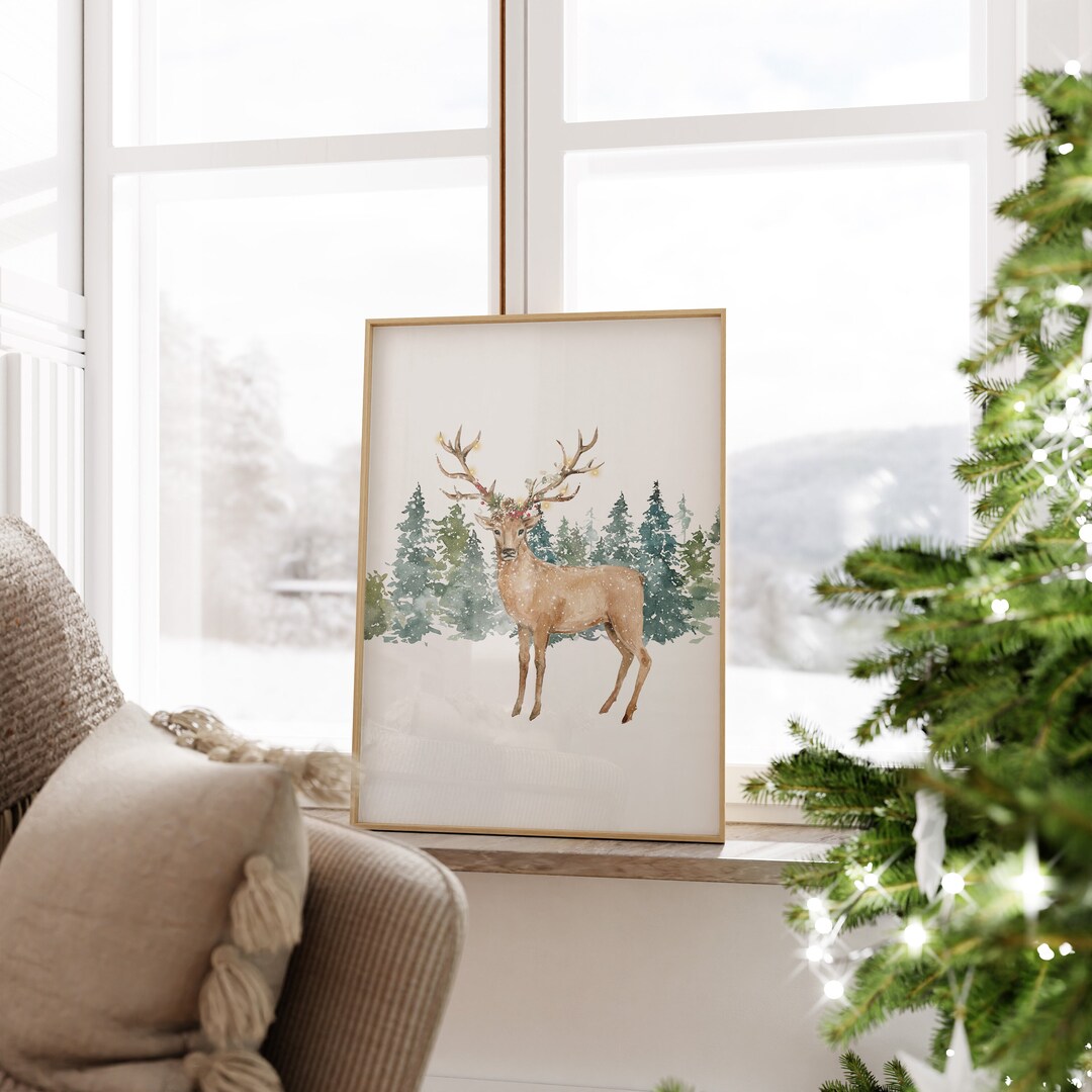 Winter Hirsch druckbare Kunst, Weihnachtsbäume Druck, Urlaub Aquarell ...